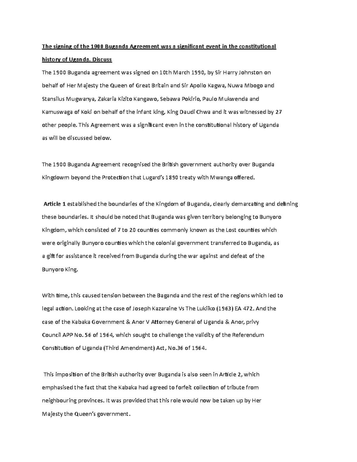 Significance OF 1900 Buganda Agreement - The signing of the 1900 ...