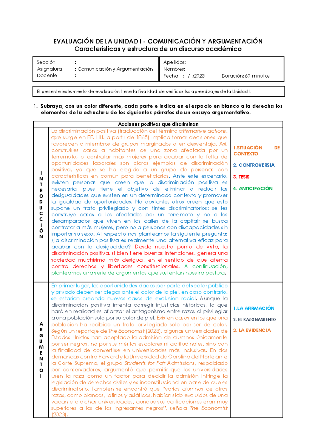 Evaluación Unidad I - Prueba Mixta - EVALUACI”N DE LA UNIDAD I - COMUNICACI”N Y ARGUMENTACI”N ...