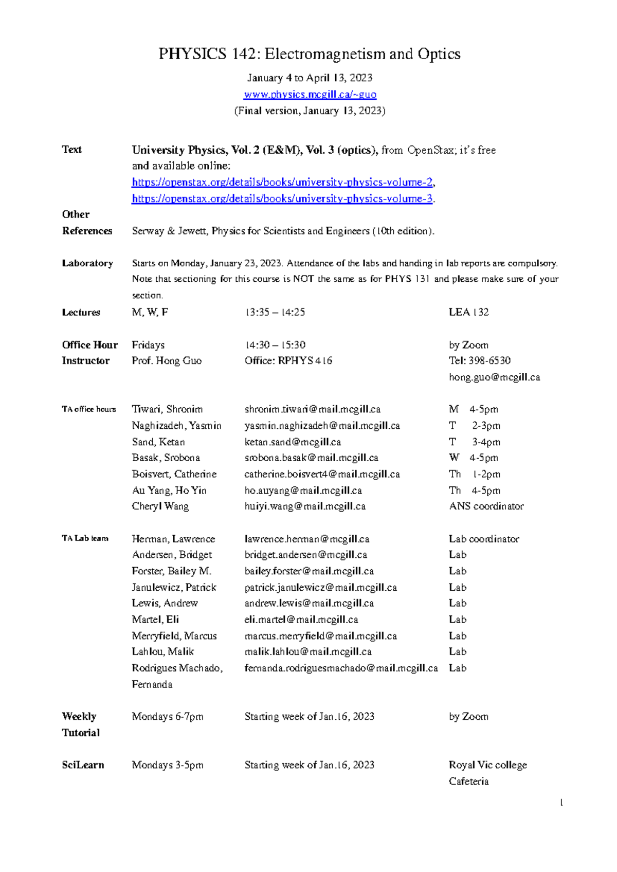 142-teaching-plan - 1 PHYSICS 142: Electromagnetism and Optics January 4 to April 13, 2023 - Studocu