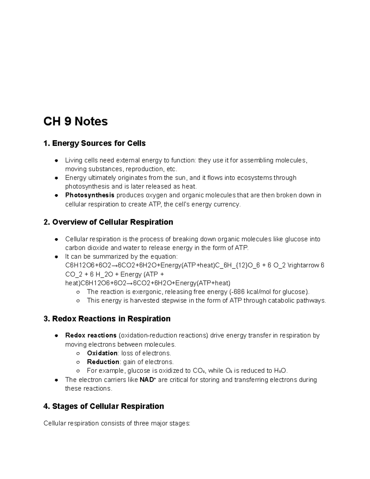 Ch 9 Notes 11 - .// - CH 9 Notes 1. Energy Sources for Cells Living ...