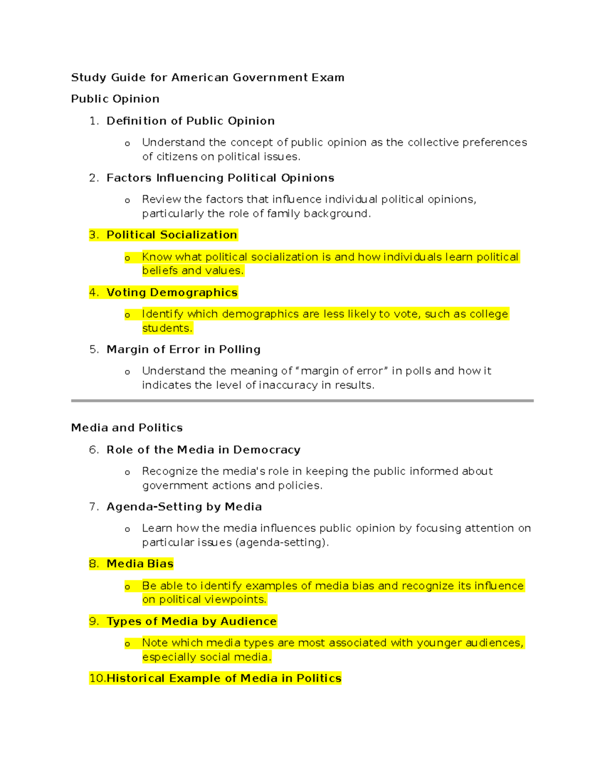 Study Guide 2 - Definition of Public Opinion o Understand the concept ...