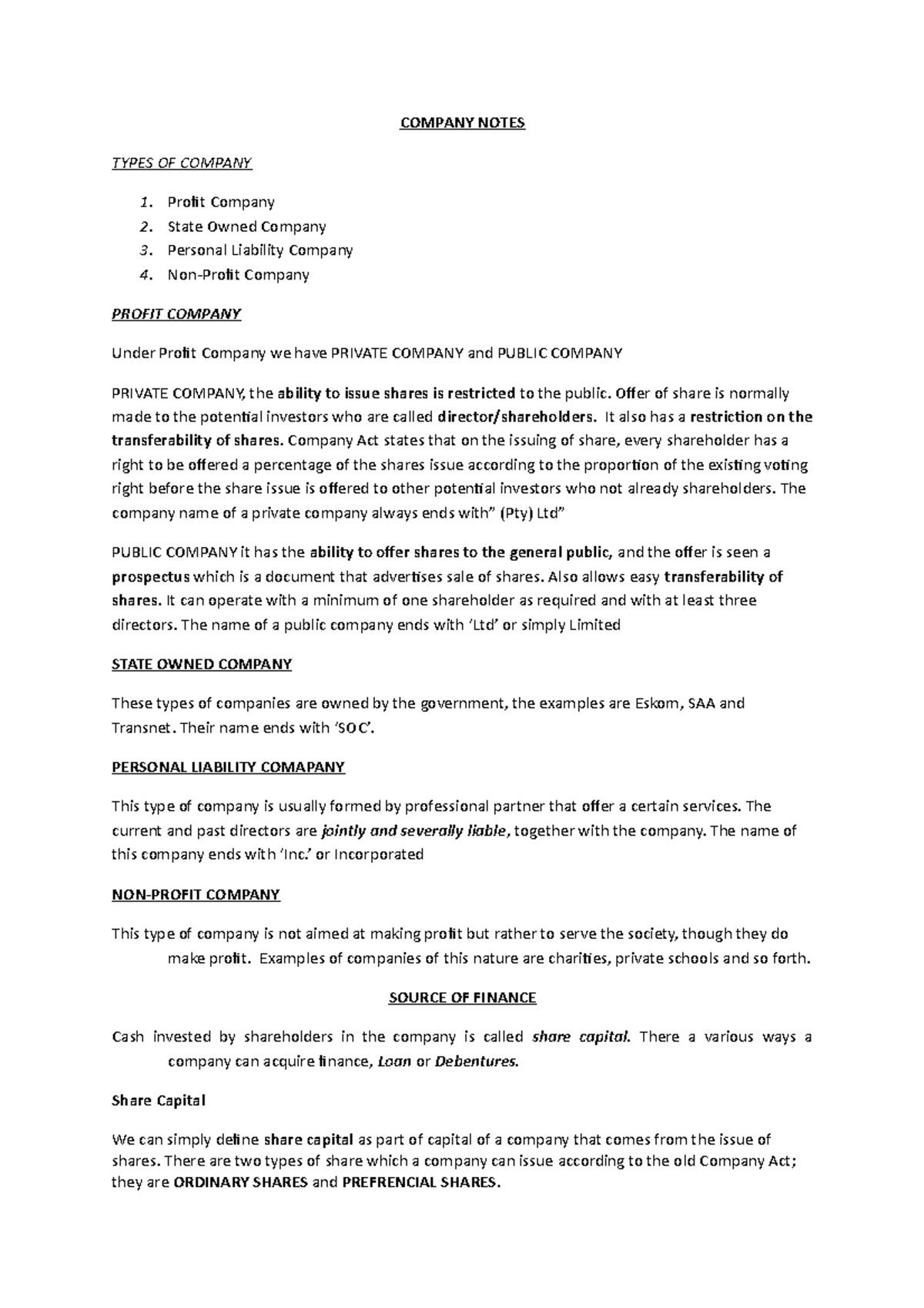 Company notes - COMPANY NOTES TYPES OF COMPANY Profit Company State ...
