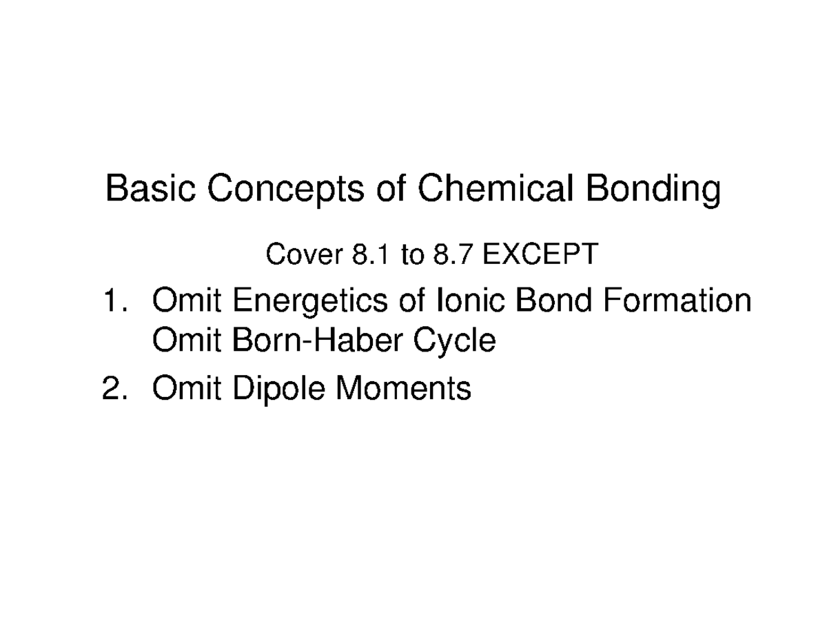 Chemical bonding lecture notes - Basic Concepts of Chemical Bonding ...