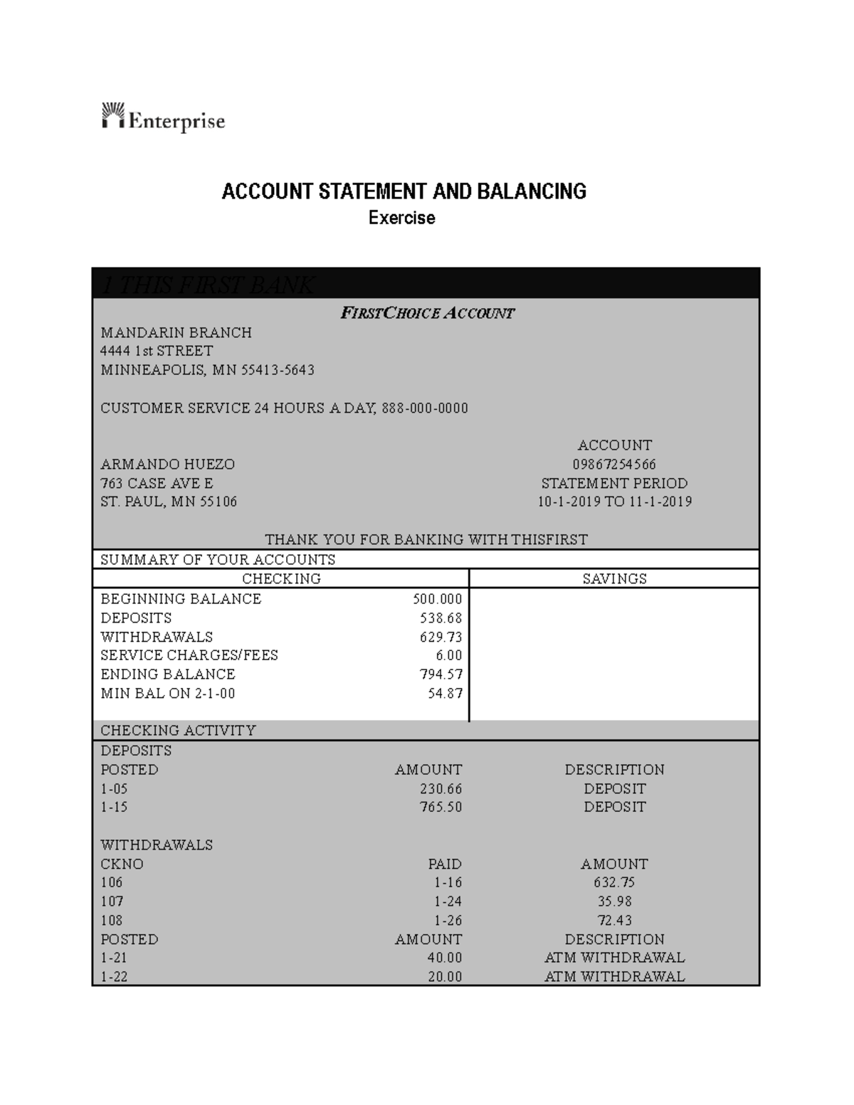Bank statement template 12-1 - ACCOUNT STATEMENT AND BALANCING Exercise ...