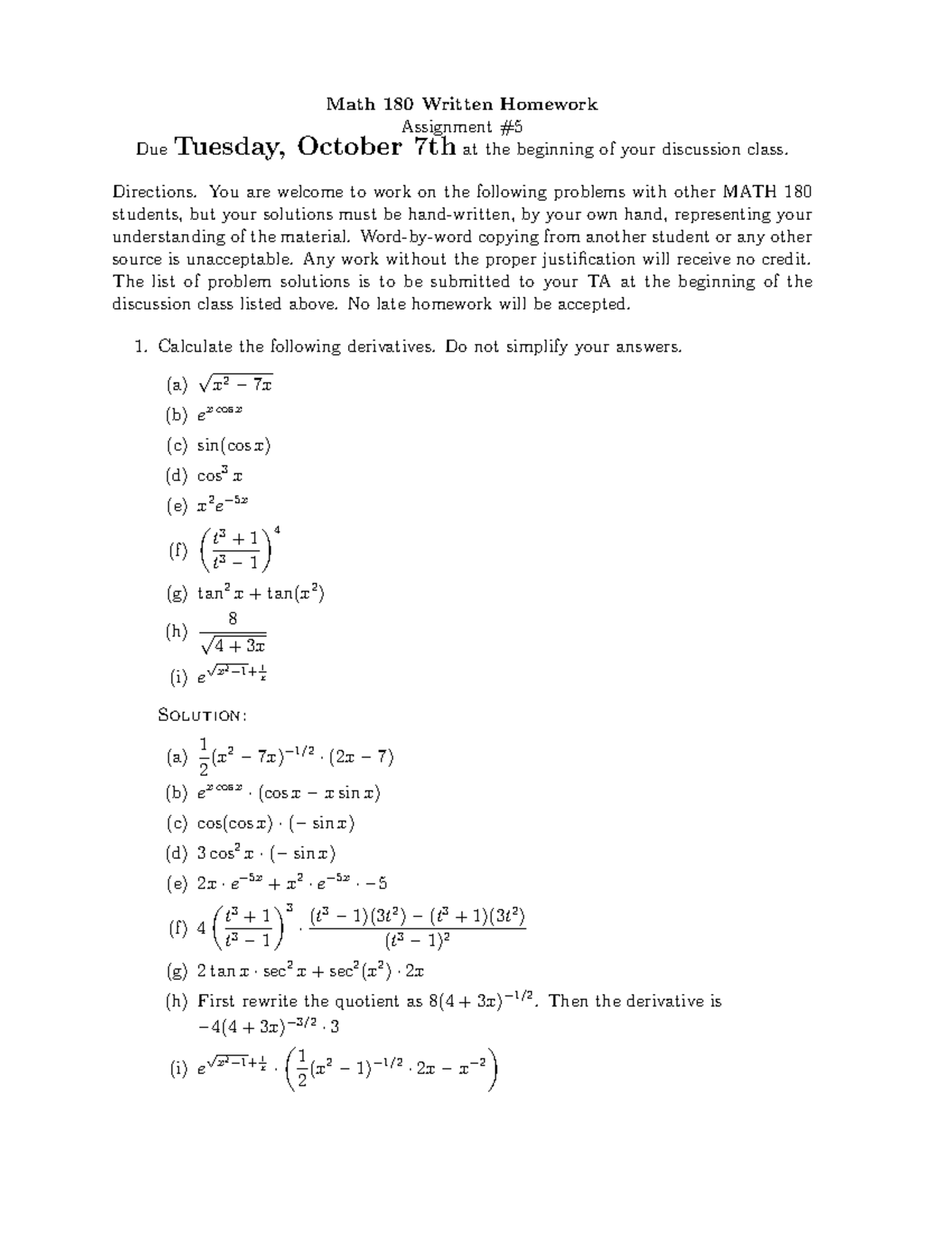 Math 180 Written Homework Solutions 5 - Due Tuesday, Math 180 Written ...