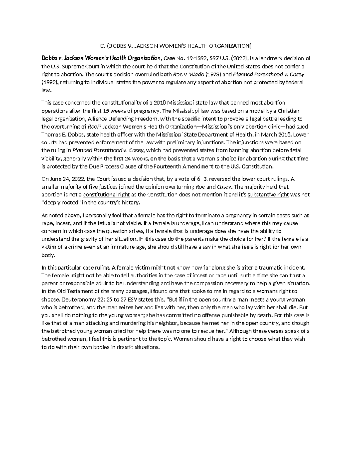 C. ( Dobbs V. Jackson Women'S Health Organization) - C. (DOBBS V ...