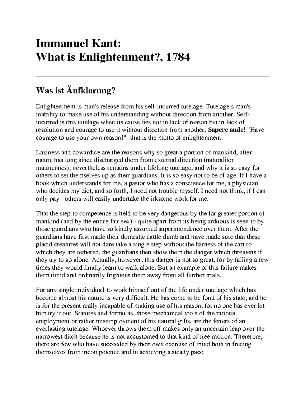 What-is-Enlightenment - Immanuel Kant: What is Enlightenment?, 1784 Was ...