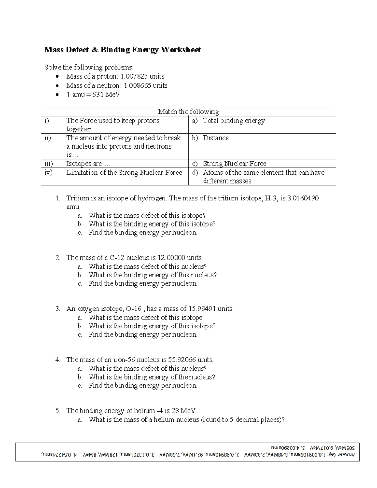 Beandmdworksheet - practice worksheet - Mass Defect & Binding Energy ...