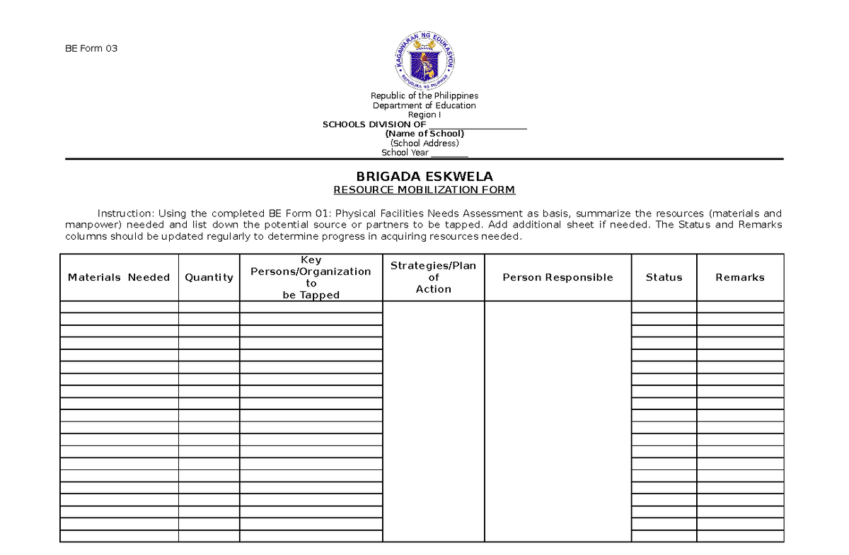 BE Form 3 - Resource Mobilization FORM - BE Form 03 Republic of the ...