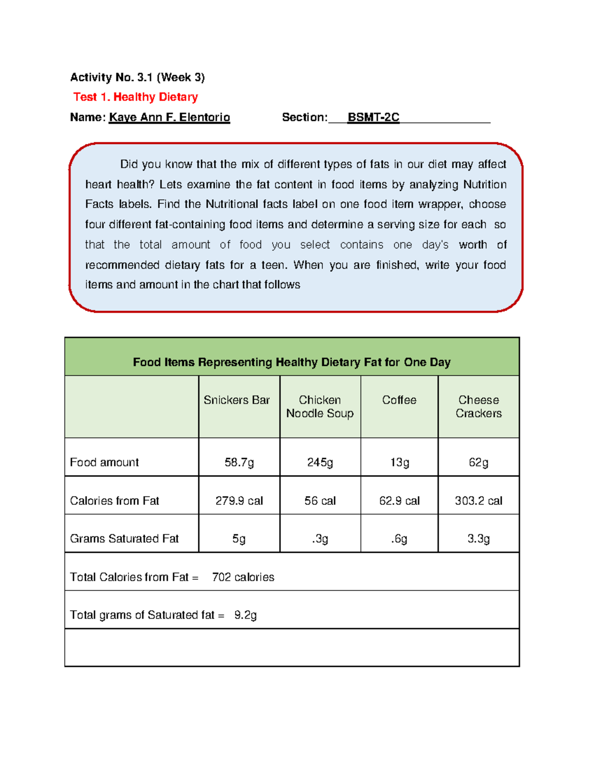 Biochemistry Activity - Healthy Dietary - Activity No. 3 (Week 3) Test ...