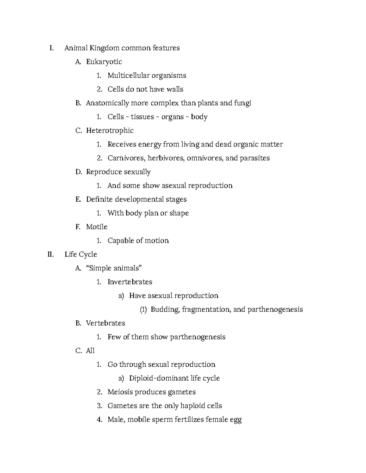 Animals Study Guide - I. Animal Kingdom common features A. Eukaryotic 1 ...