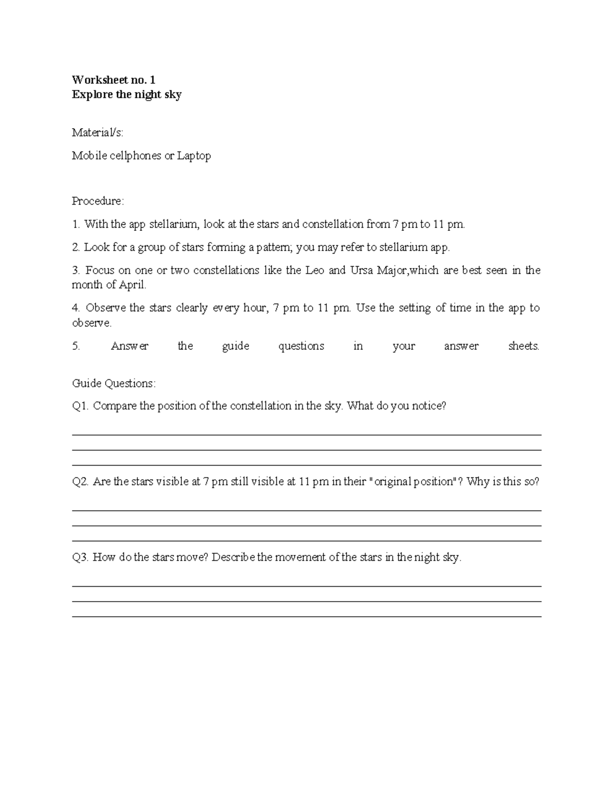 Worksheet 1 - Constellation - Worksheet no. 1 Explore the night sky ...
