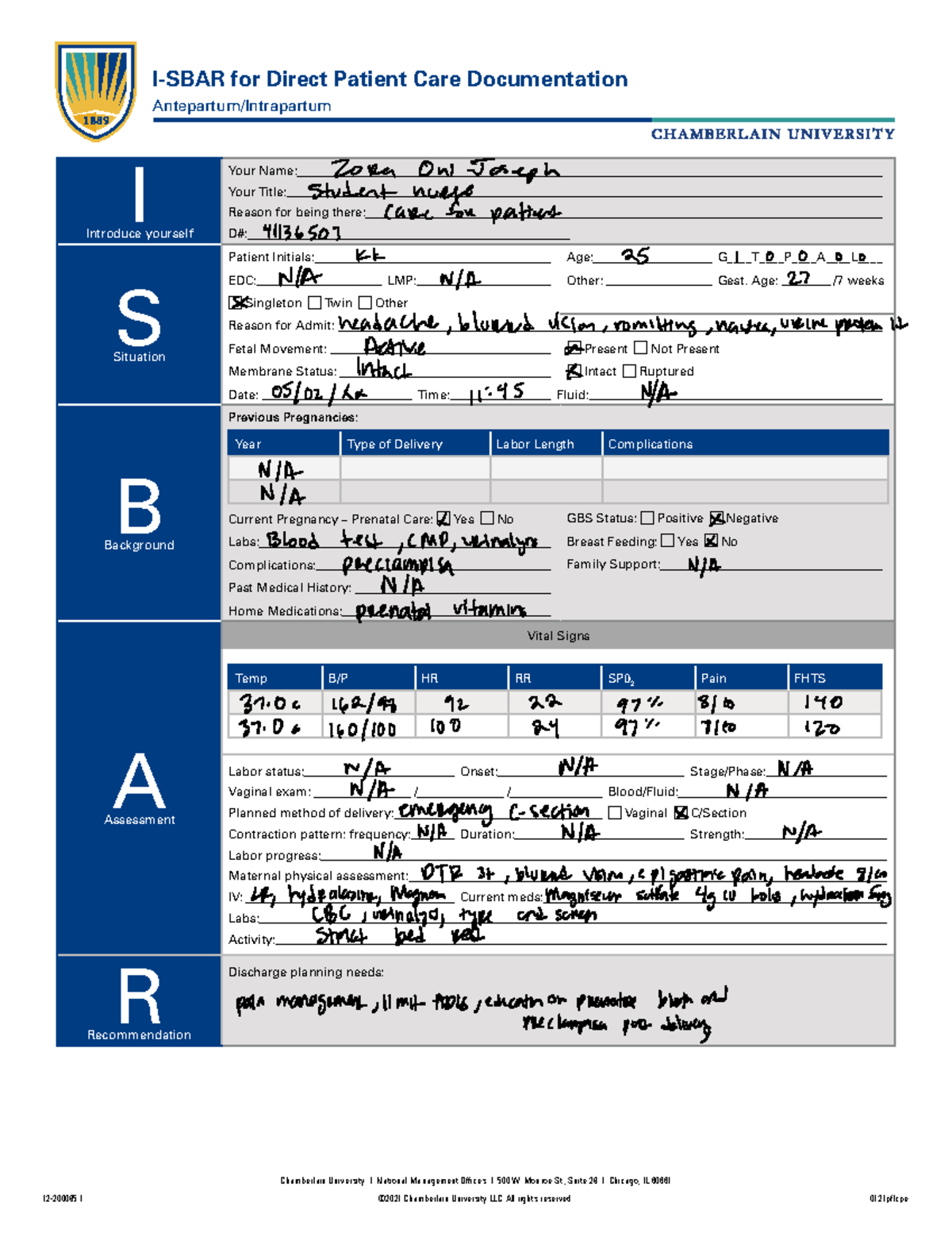 Isbar Document - Maternity - 12-200085 ©2021 Chamberlain University LLC ...