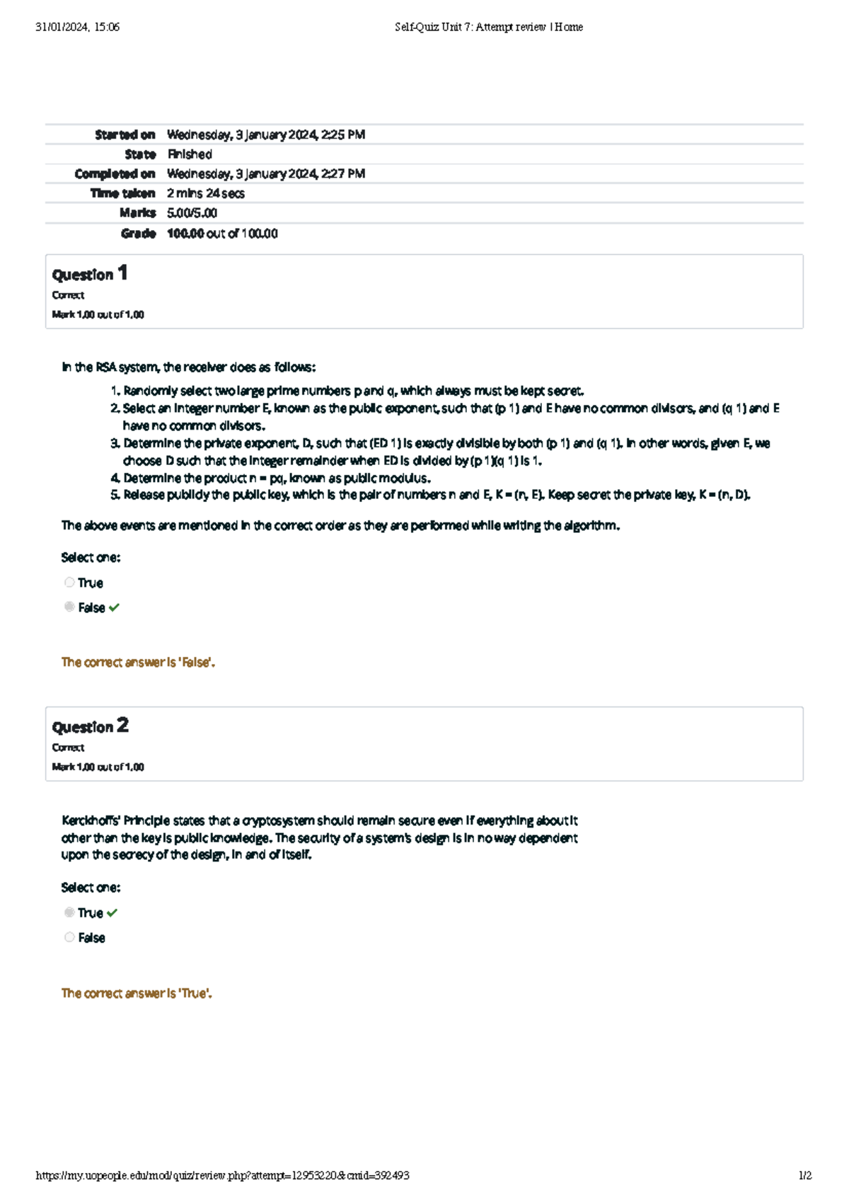 Self-Quiz Unit 7 - Self-Quiz Unit 7 - 5 questions - 31/01/2024, 15:06 Self-Quiz Unit 7: Attempt ...