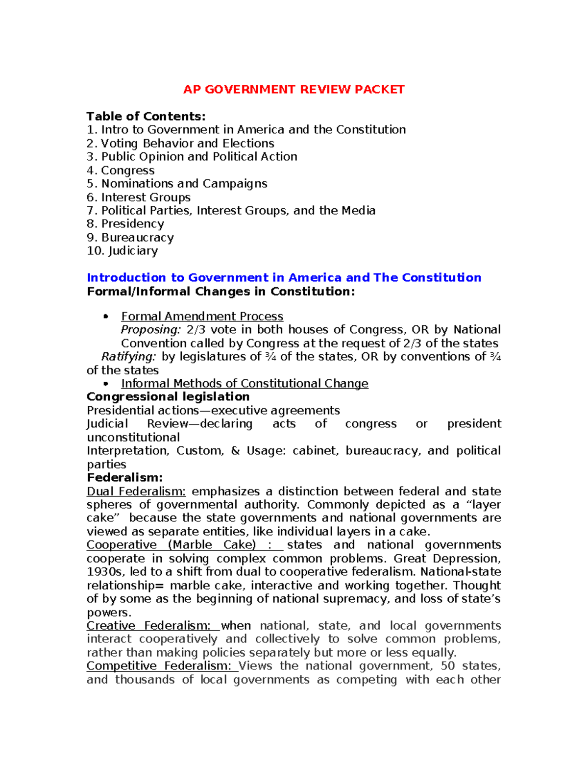 Government Review Packet - AP GOVERNMENT REVIEW PACKET Table of ...
