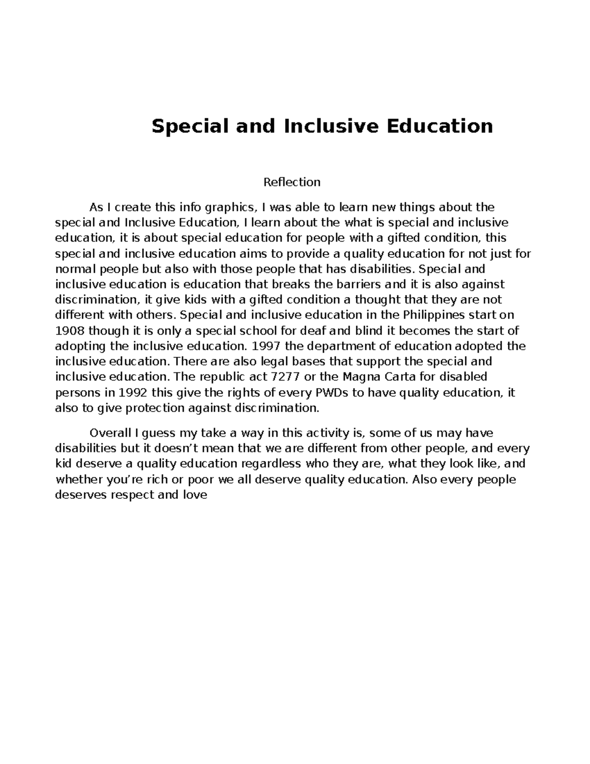 TASK 1 Reflection - Special and Inclusive Education Reflection As I ...