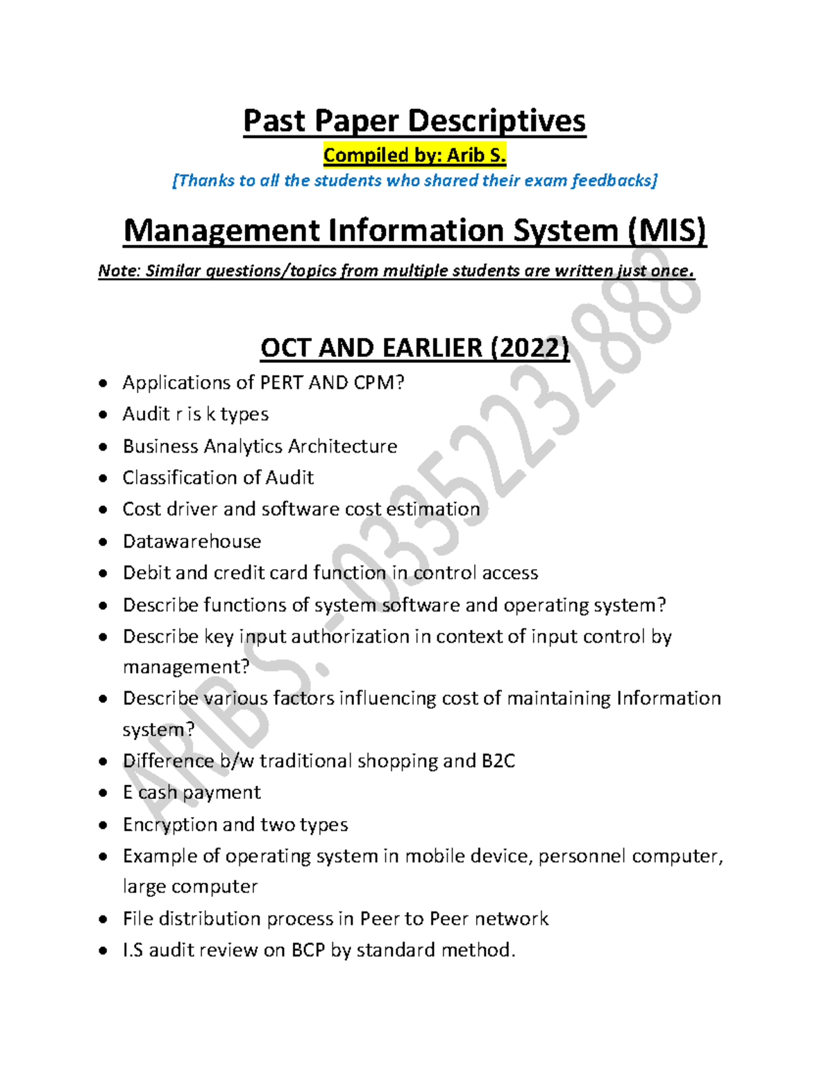 MIS impotant questions - Past Paper Descriptives Compiled by: Arib S ...