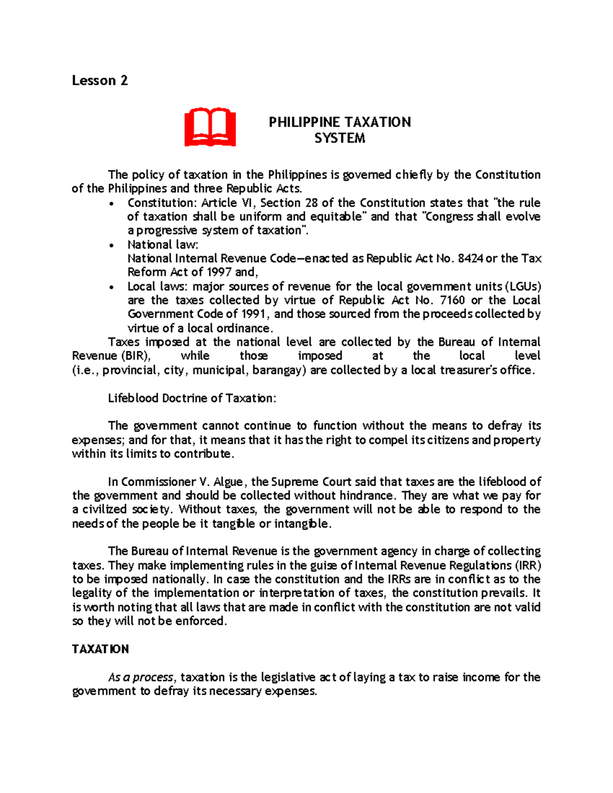GECC 106 - Module III- Lesson 2 - Lesson 2 The policy of taxation in ...