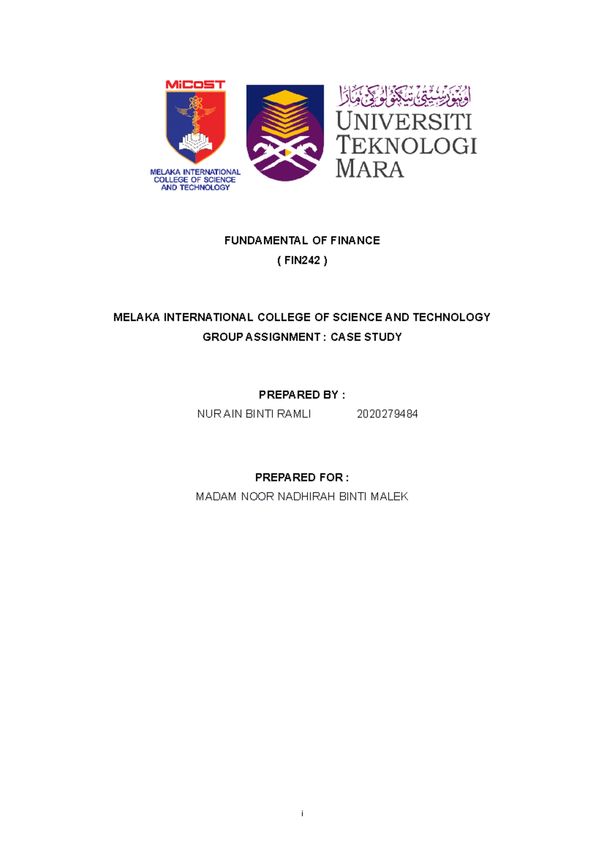 FIN242 Group Report - For example - FUNDAMENTAL OF FINANCE ( FIN242 ...