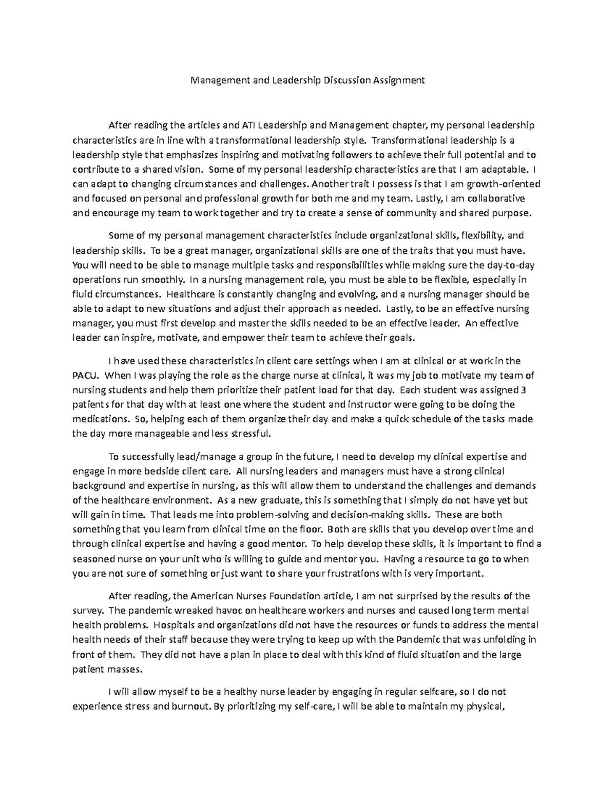 Management and Leadership Discussion Assignment - NURS 212 - Studocu