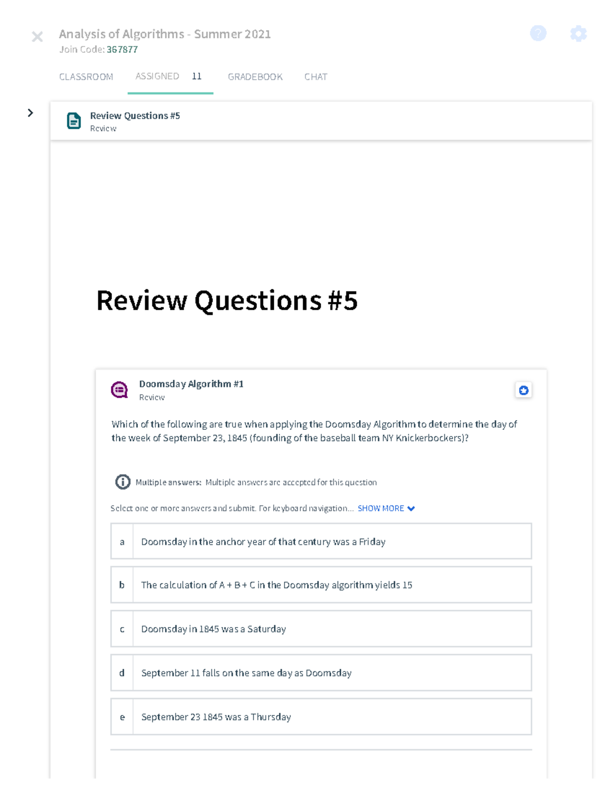 323 - Top Hat - Homework 5 - Review Questions Doomsday Algorithm #1 ...