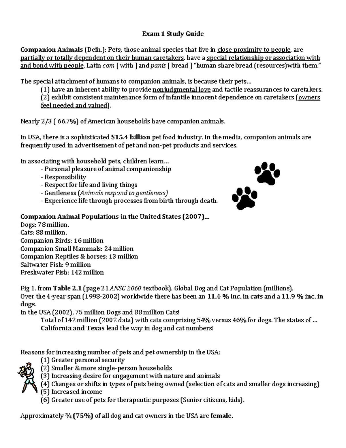 Exam 1 Study Guide - Exam 1 Study Guide Companion Animals (Defn.): Pets ...