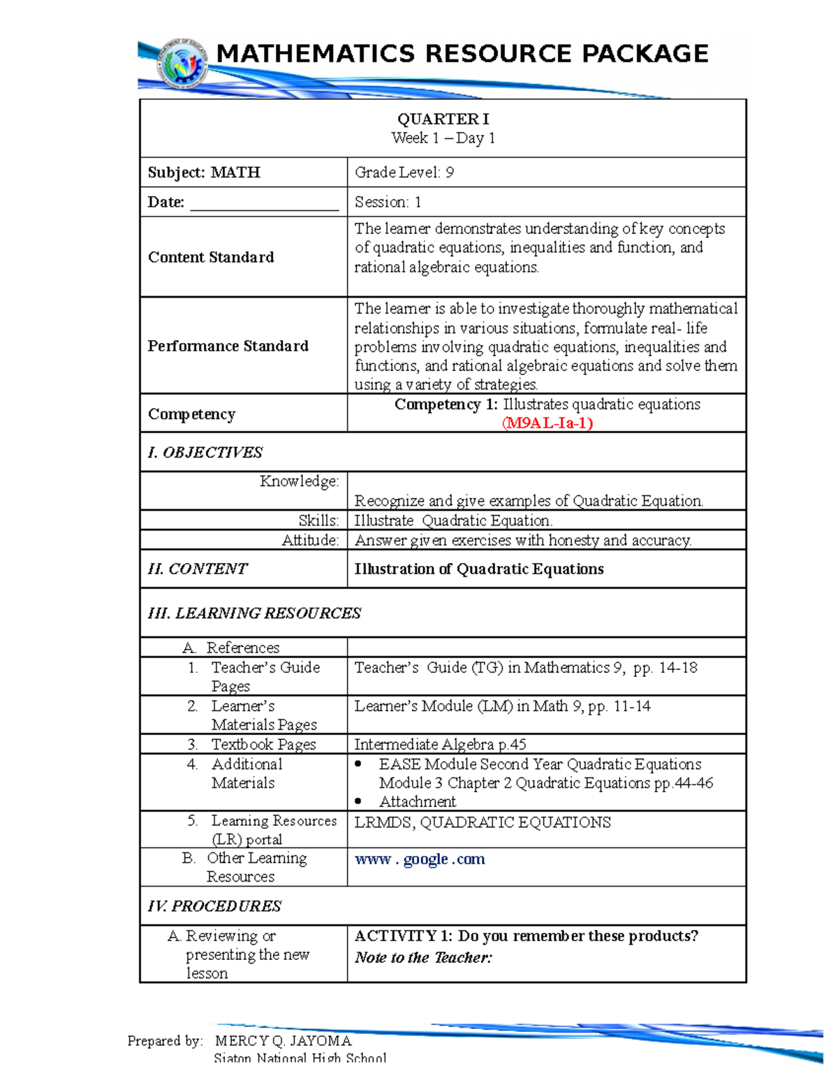 Math 9 Sample Lesson Plan Quarter1 - Week 1 Day 1 - Prepared by: MERCY ...