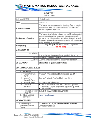 Q2 Mathematics 9 Module 1 - Mathematics Quarter 2 – Module 1 ...