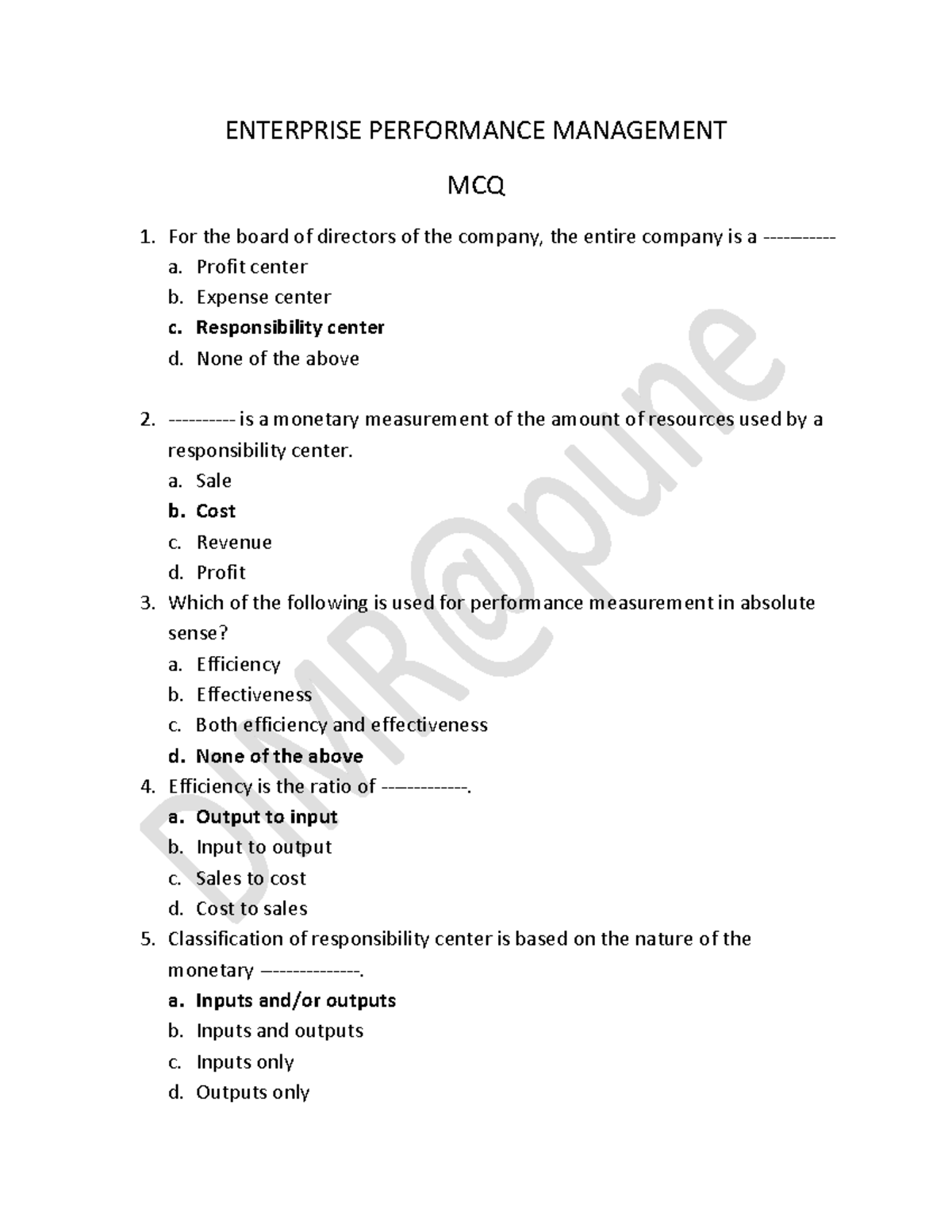 Enterprise Performance Management MCQ Practise Questions - ENTERPRISE ...