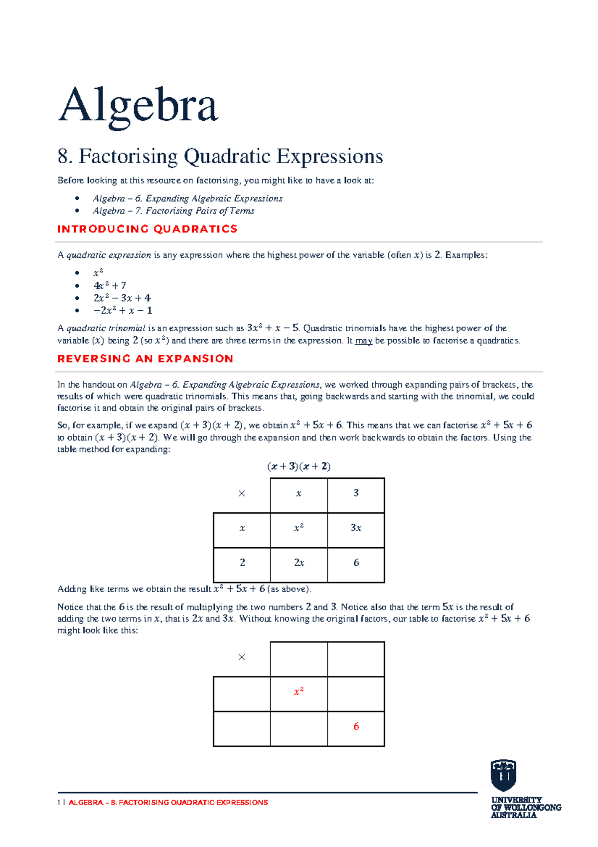 Uow227987 - Advanced math - Algebra 8. Factorising Quadratic ...