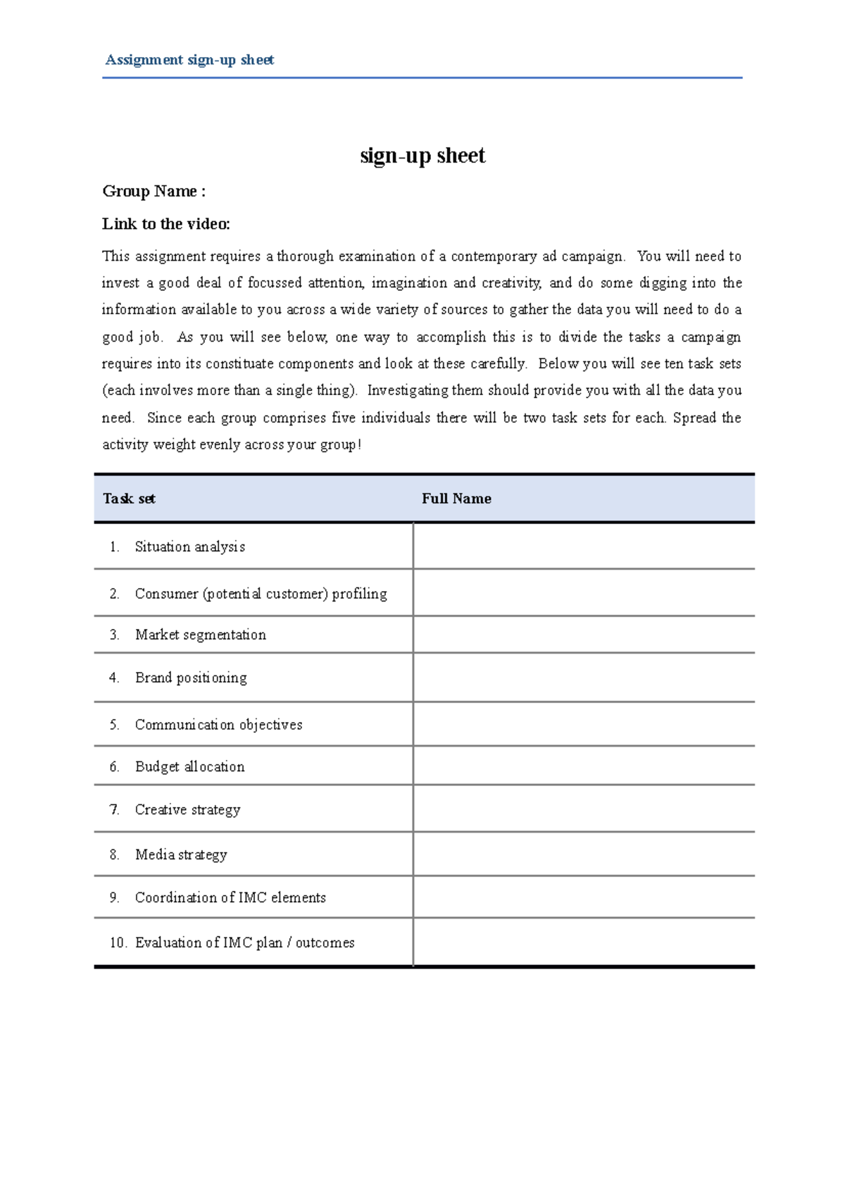 Signupsheet - Sign up sheet - Assignment sign-up sheet sign-up sheet ...