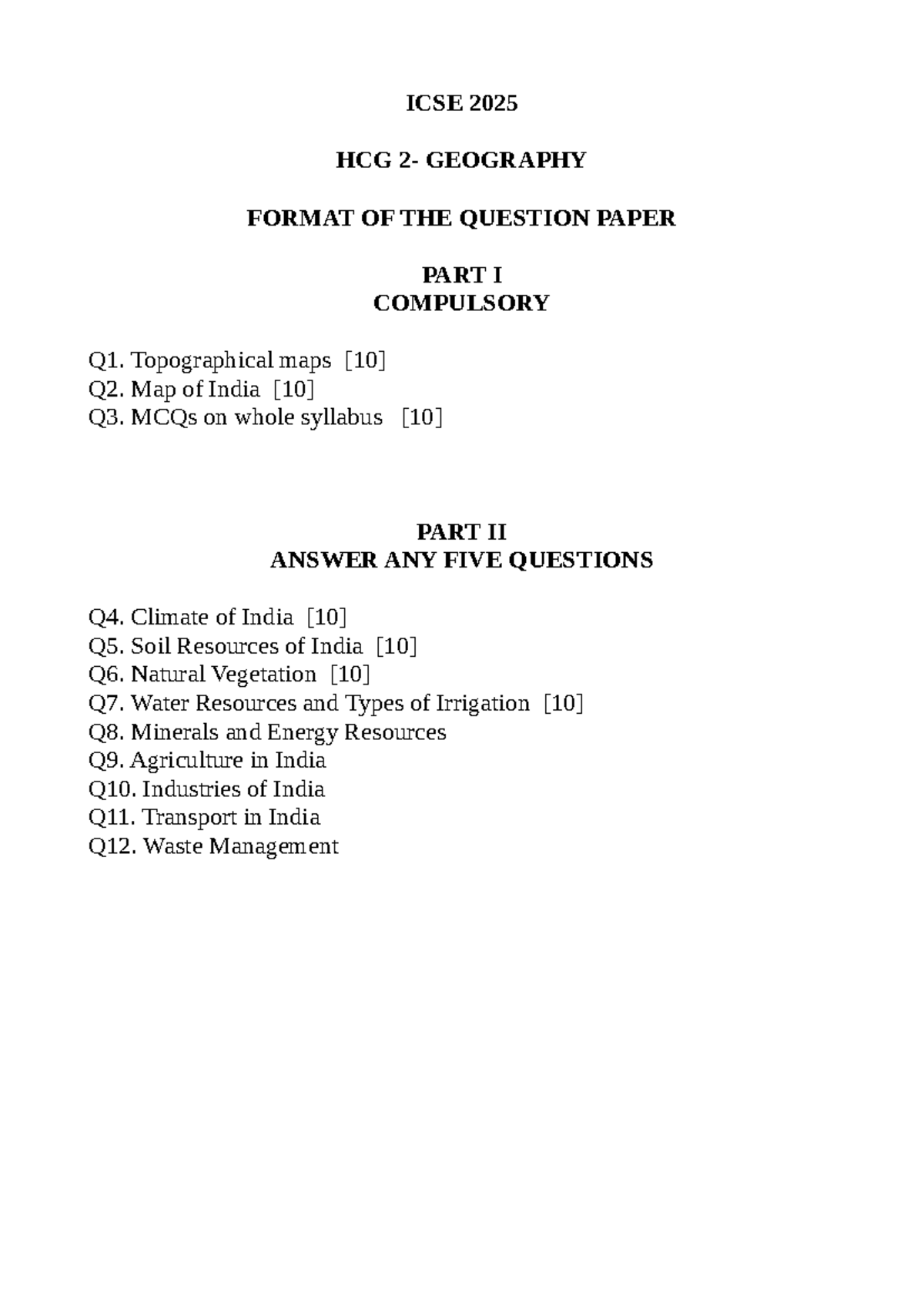 ICSE 2025 Geography Question Paper Format - Geography HL - ICSE 2025 ...