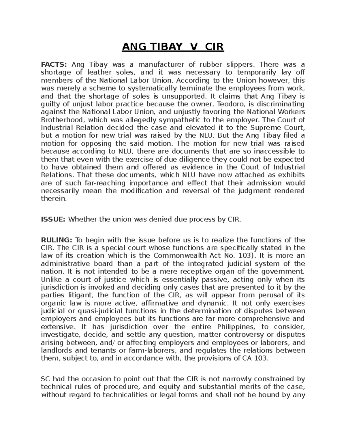 A3 CASE Digests Gawat - law notes - ANG TIBAY V CIR FACTS: Ang Tibay ...