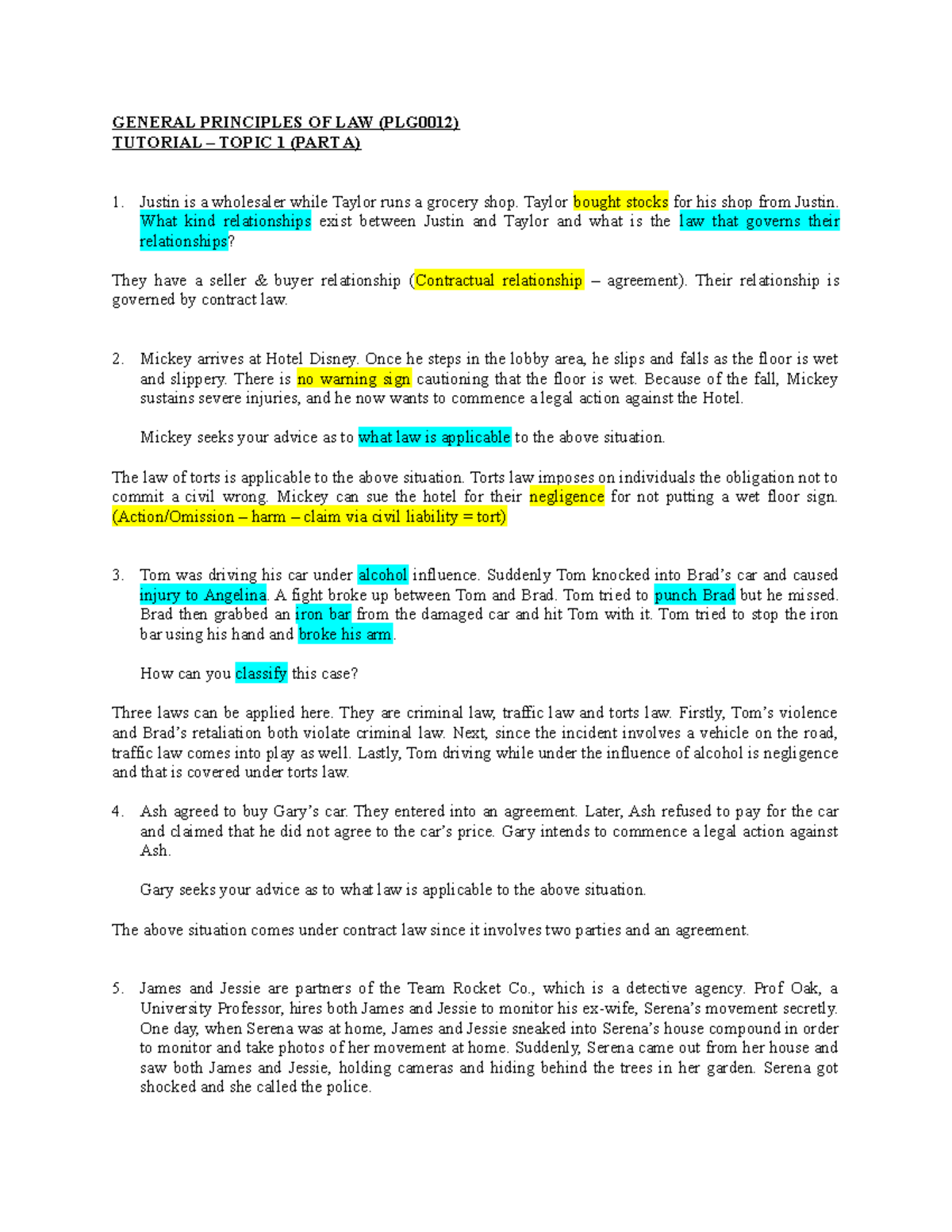 Tutorial 1 Chapter 1 Part A - GENERAL PRINCIPLES OF LAW (PLG0012 ...