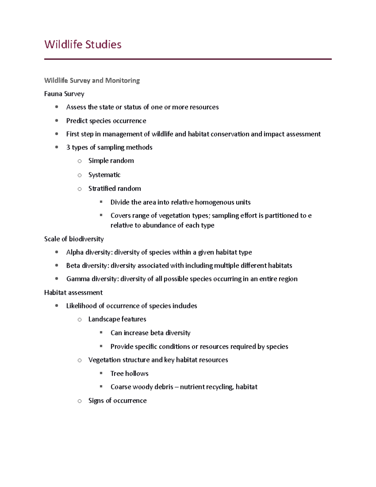 Wildlife Studies study notes - Wildlife Studies Wildlife Survey and ...