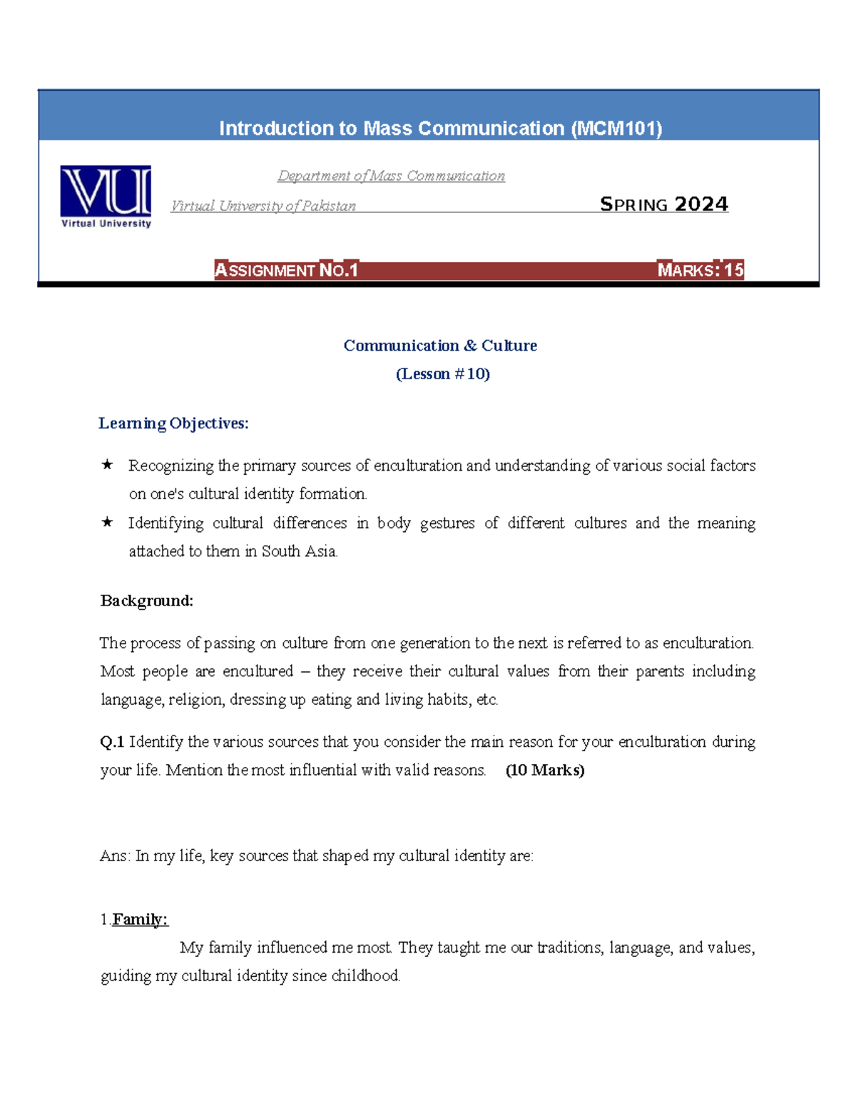 Spring 2024 MCM101 1 Solutionx BC240213980 - Introduction to Mass Communication (MCM101 ...