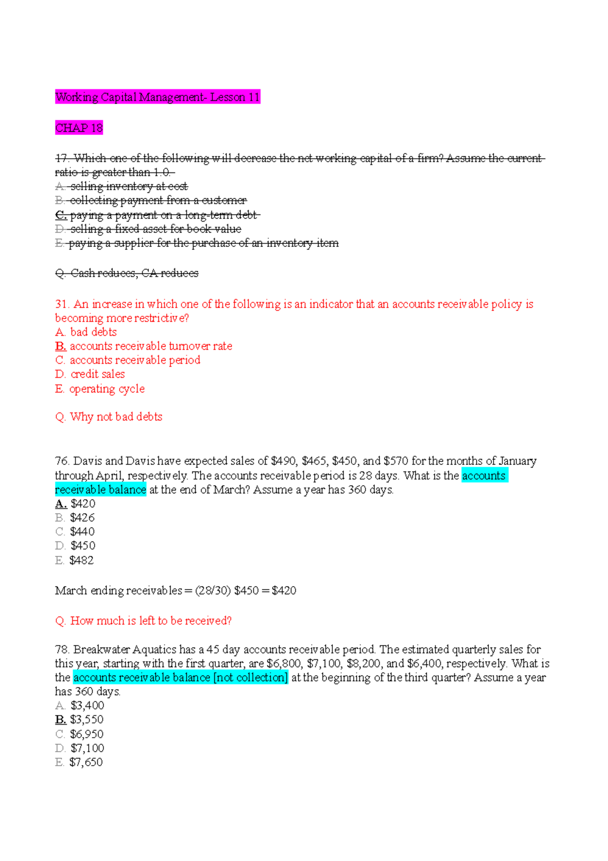 Sample/practice exam 5 April, questions and answers - Working Capital ...