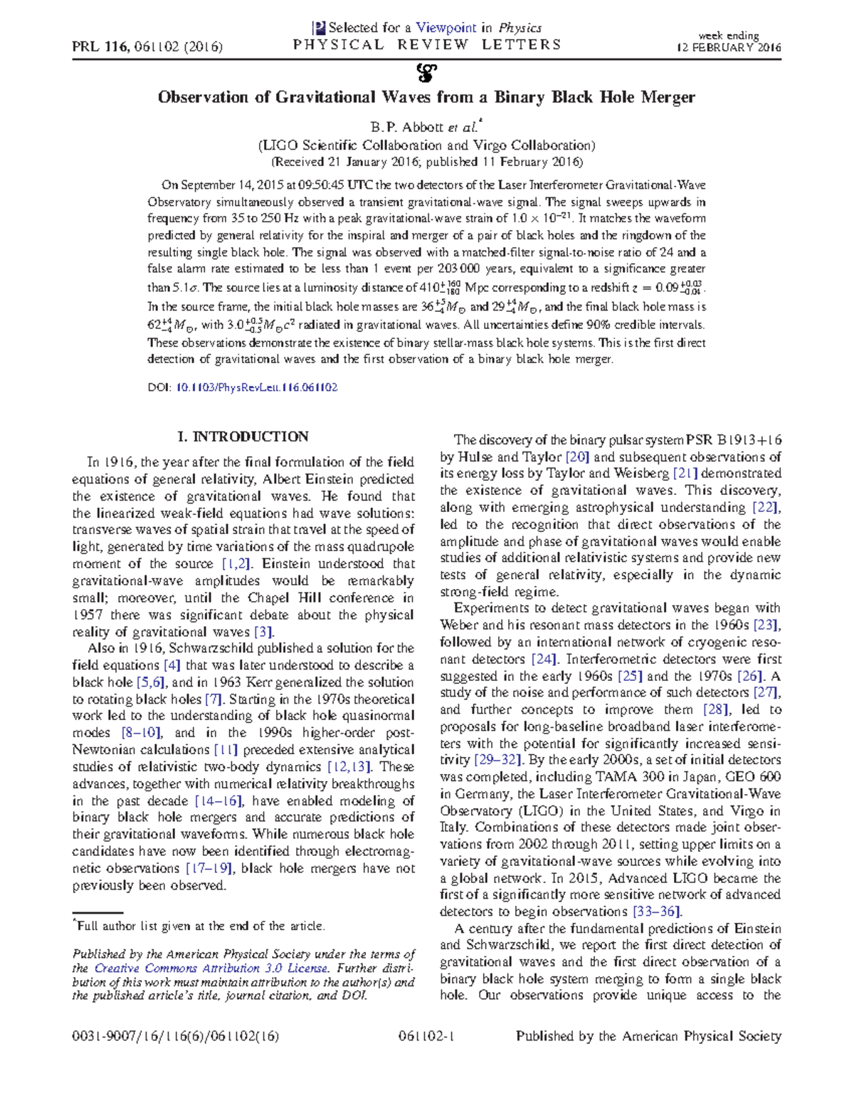 Phys Rev Lett - Gravitational Waves - Observation of Gravitational Waves from a Binary Black ...