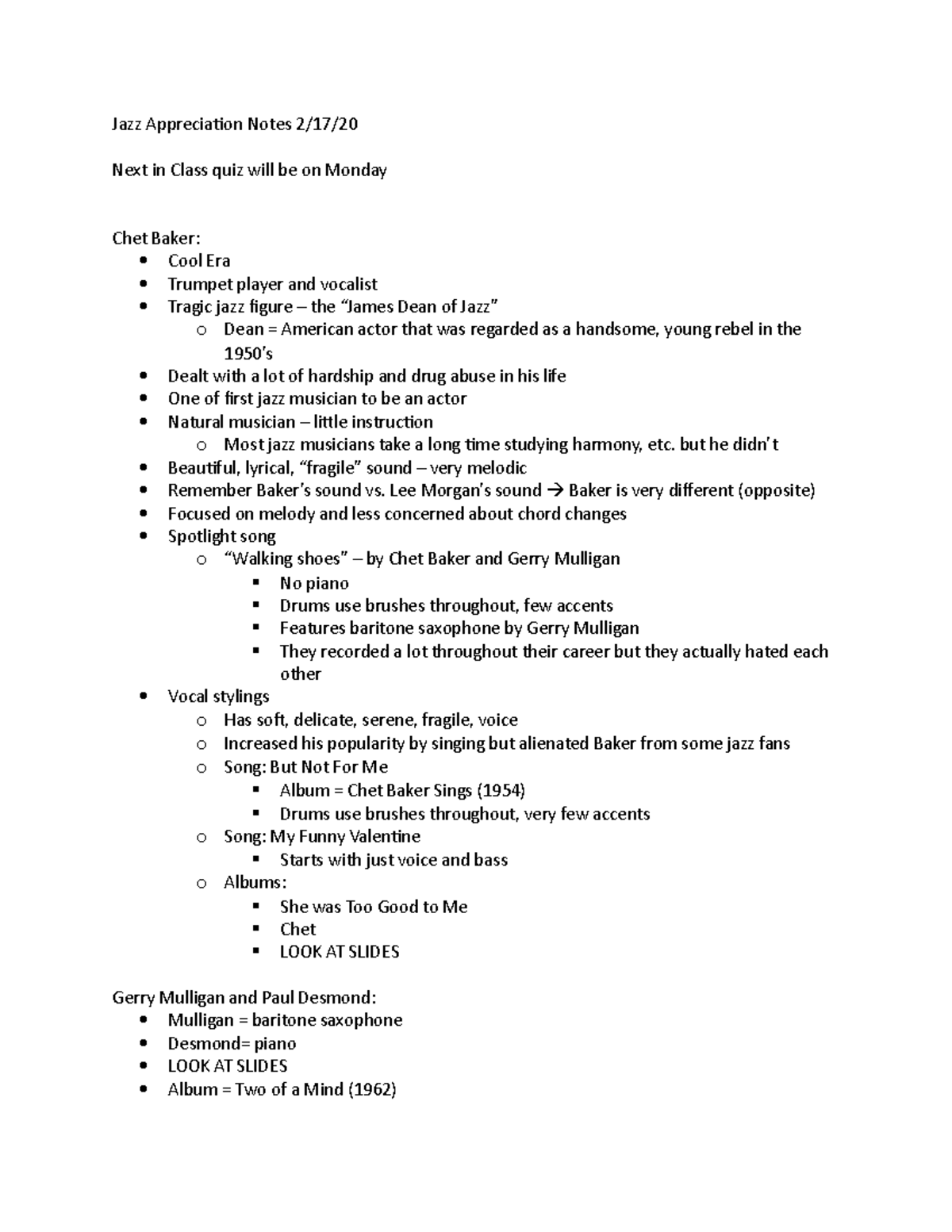 Jazz Appreciation Notes 2:17:20 - Jazz Appreciation Notes 2/17/ Next in ...