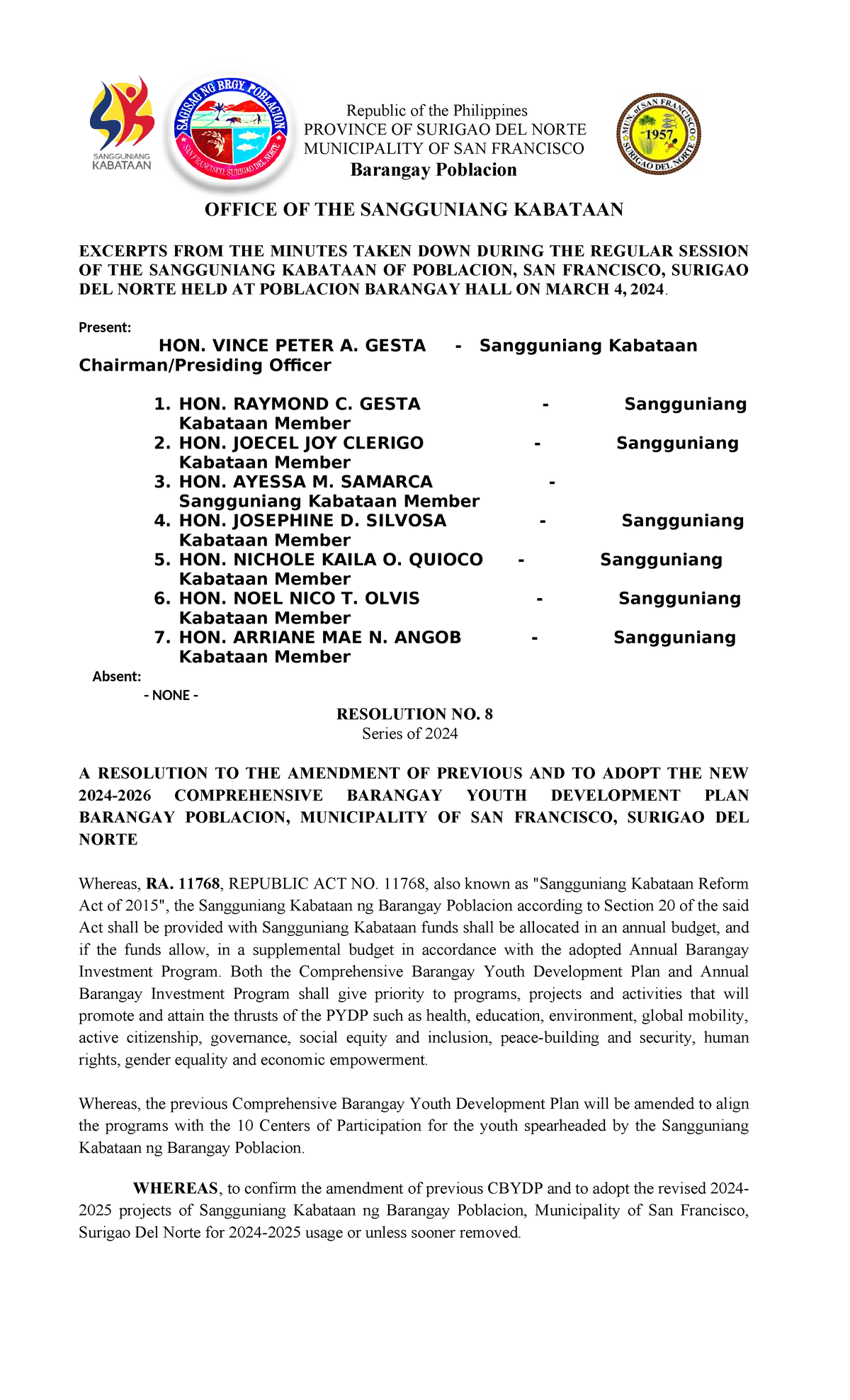 Resolution 8 Series of 2024 Cbydp - Republic of the Philippines ...