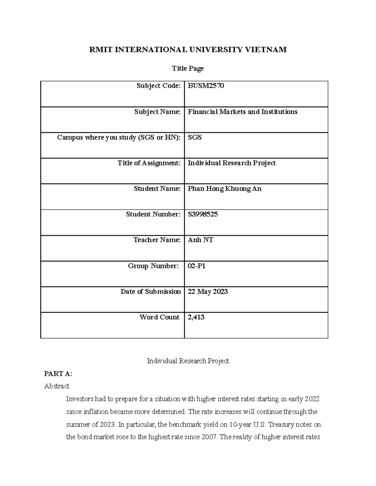 Assignment 3 BAFI3182 - RMIT INTERNATIONAL UNIVERSITY VIETNAM Title ...