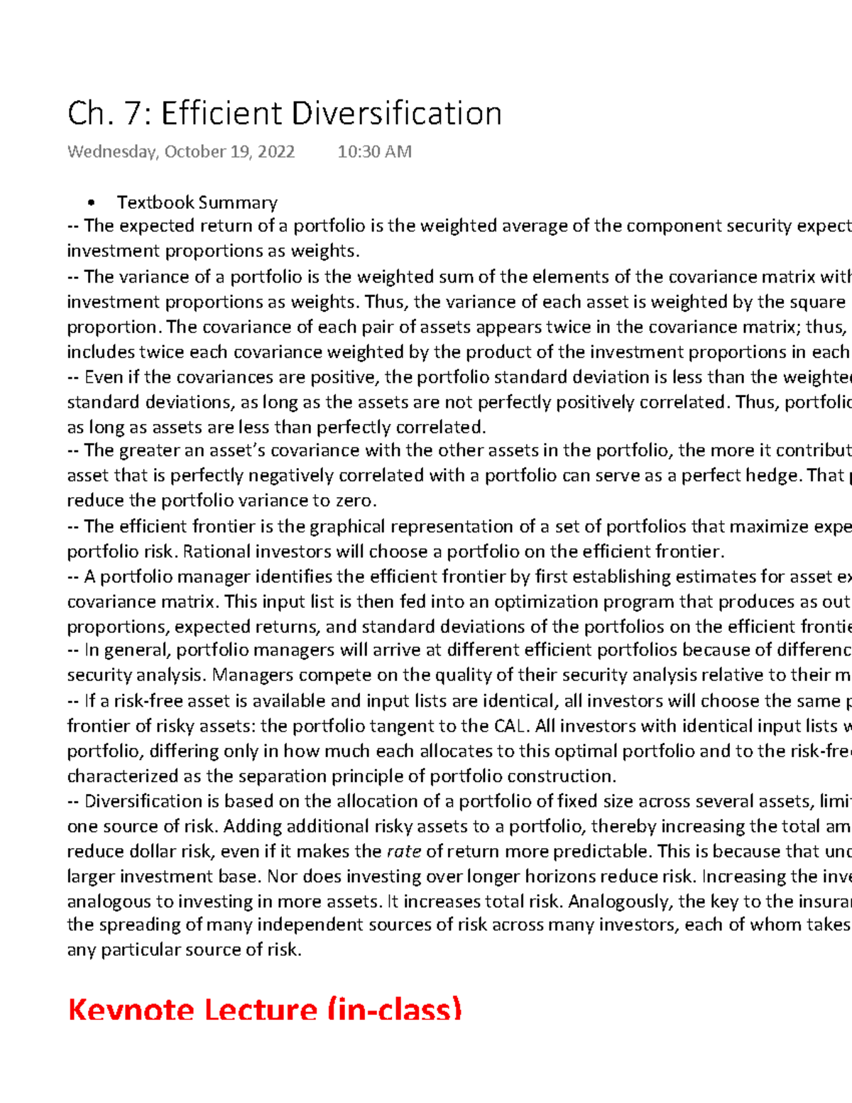 Ch. 7 Efficient Diversification - Textbook Summary - The expected ...