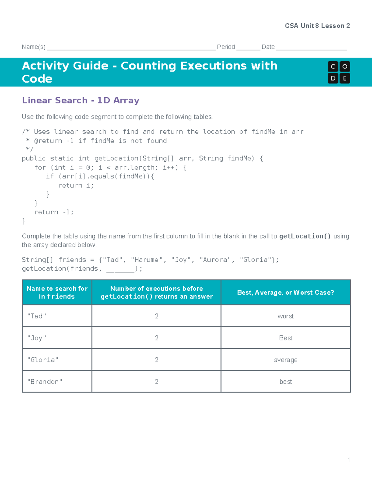 CSA U8L2 Counting Executions with Code done - CSA Unit 8 Lesson 2 Name ...