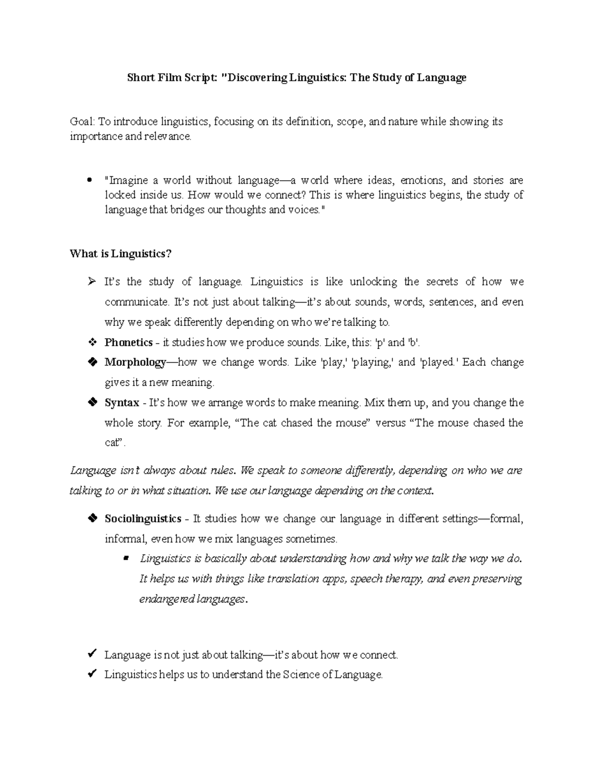 Topic 1 Introduction to Linguistics - Short Film Script: "Discovering ...