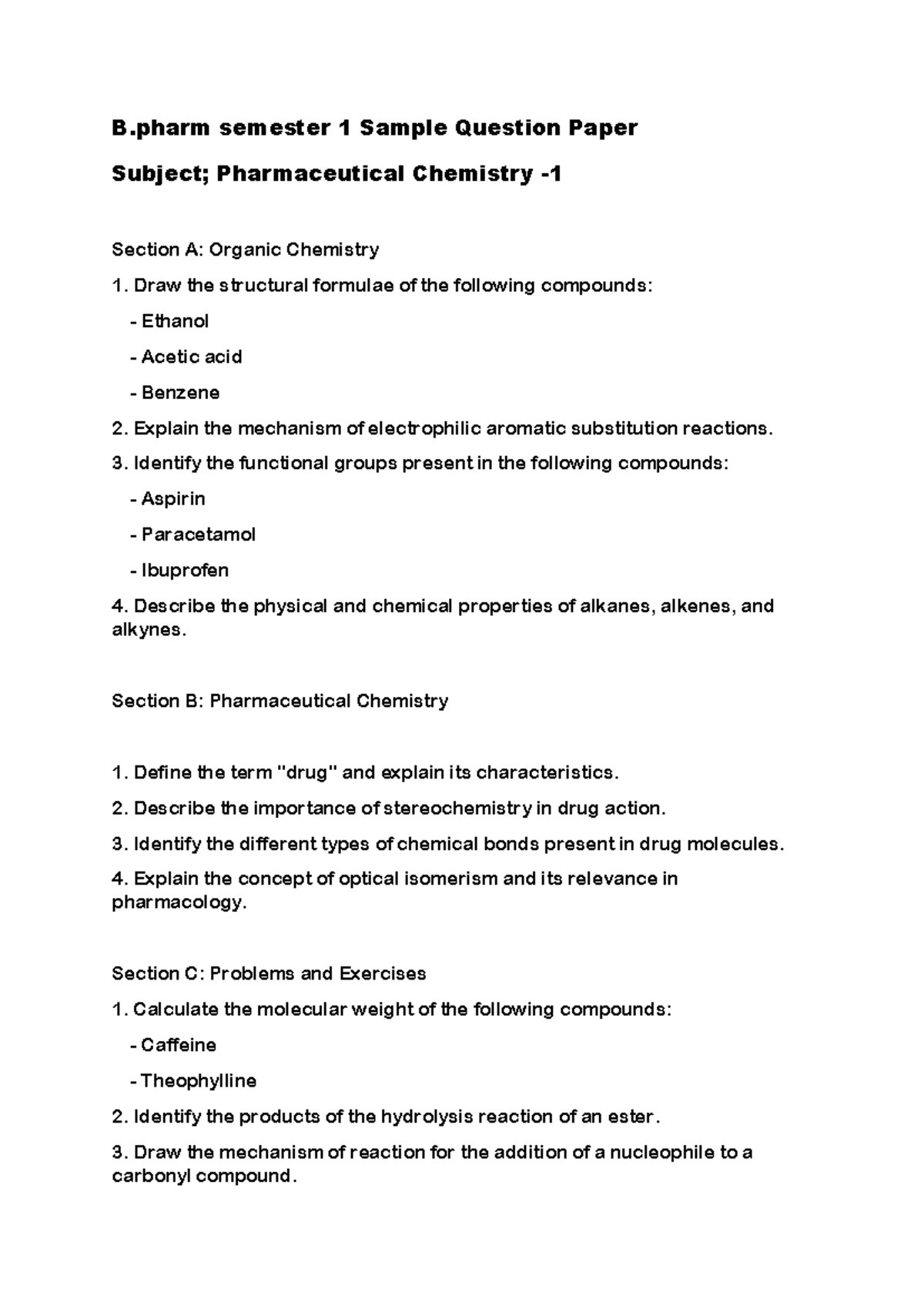 Bpharm Semester 1 Sample Questions Pharmaceutical Chemistry - B ...