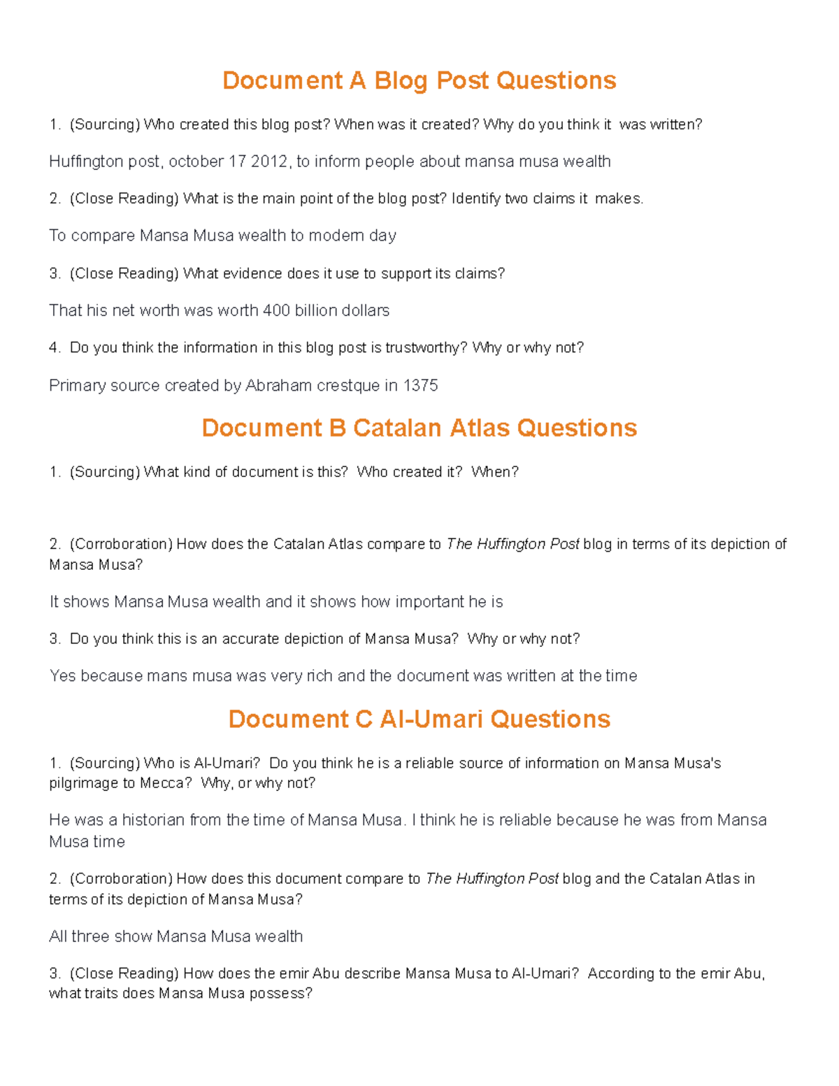 Copy of Mansa Musa Questions - Document A Blog Post Questions 1. (Sourcing) Who created this ...