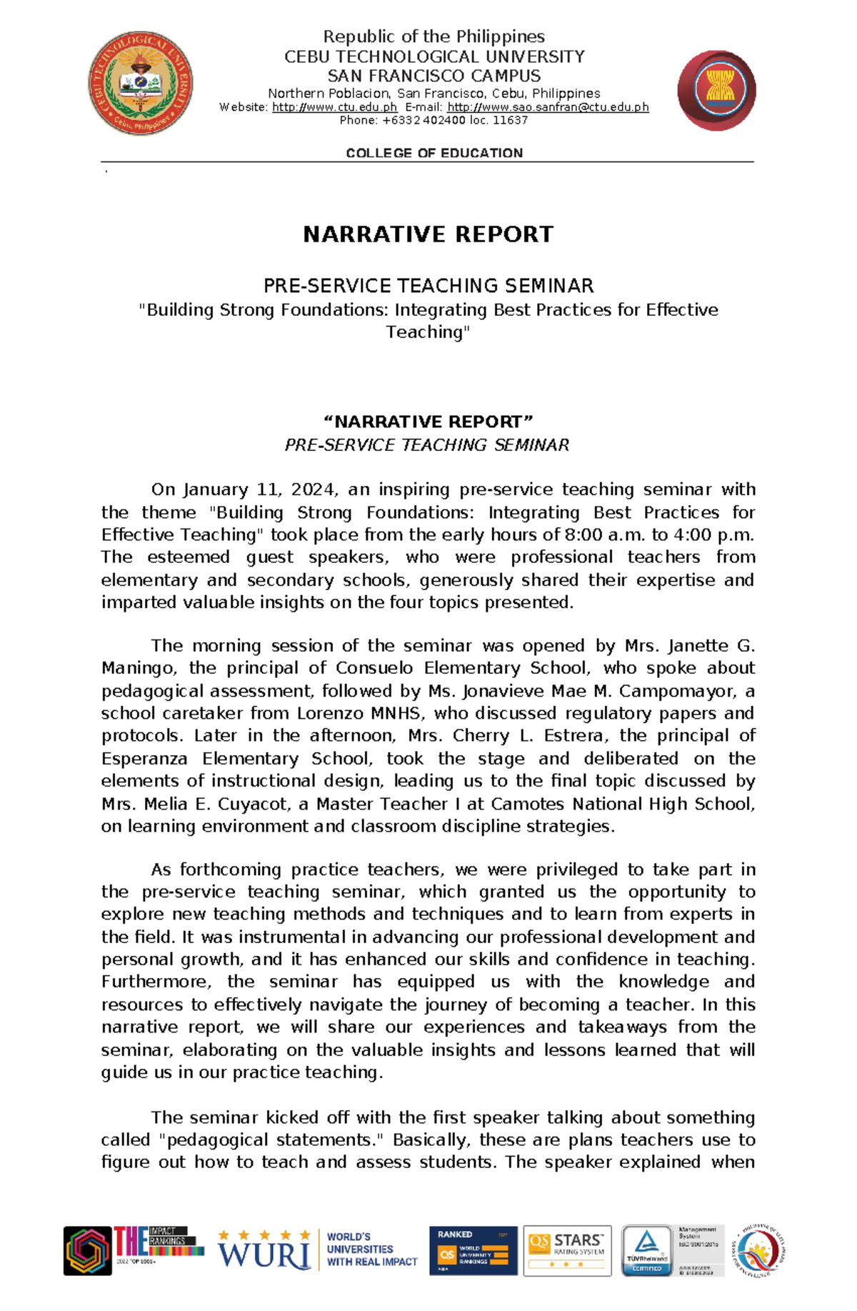 Narrative- Report - Nothing - CEBU TECHNOLOGICAL UNIVERSITY SAN ...