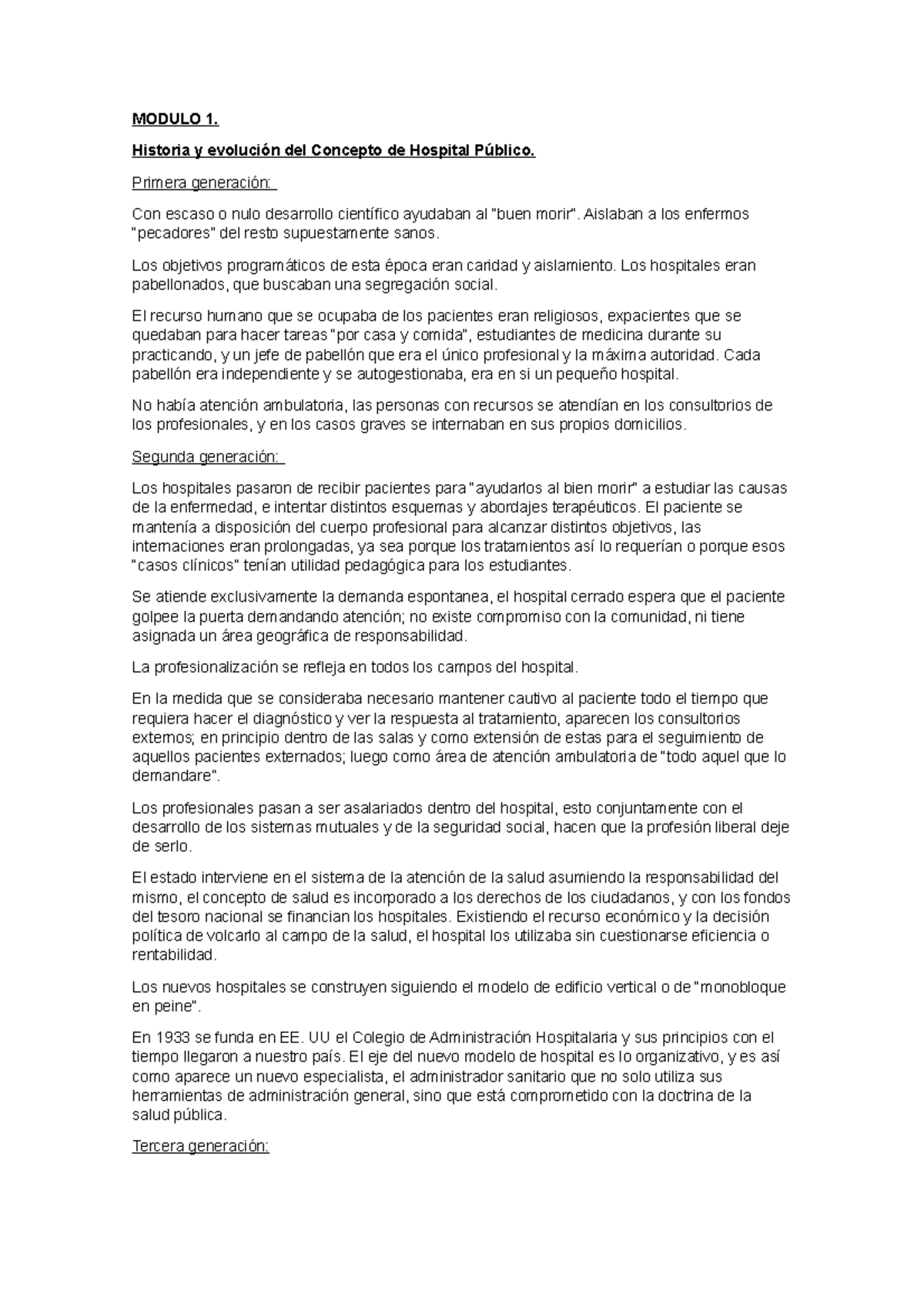 Resumen Primer Parcial ADM - MODULO 1. Historia y evolución del Concepto de Hospital Público ...