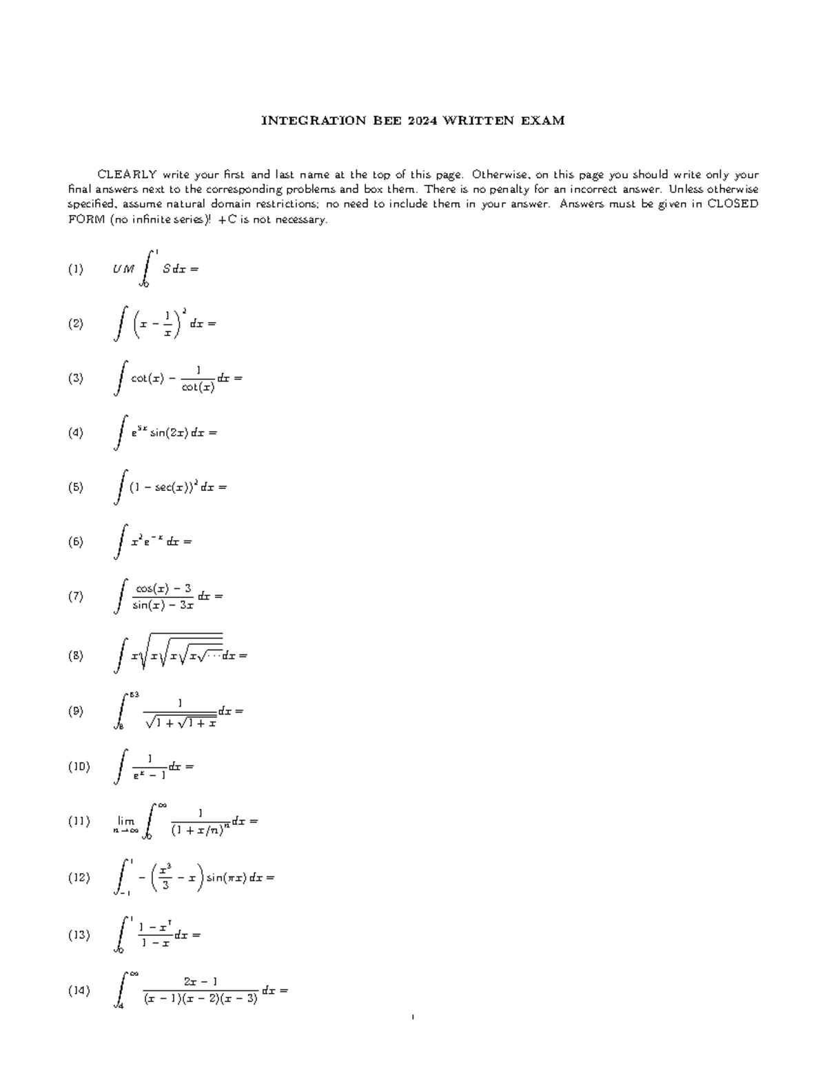 Integration Bee 2024 7 1 - INTEGRATION BEE 2024 WRITTEN EXAM final ...