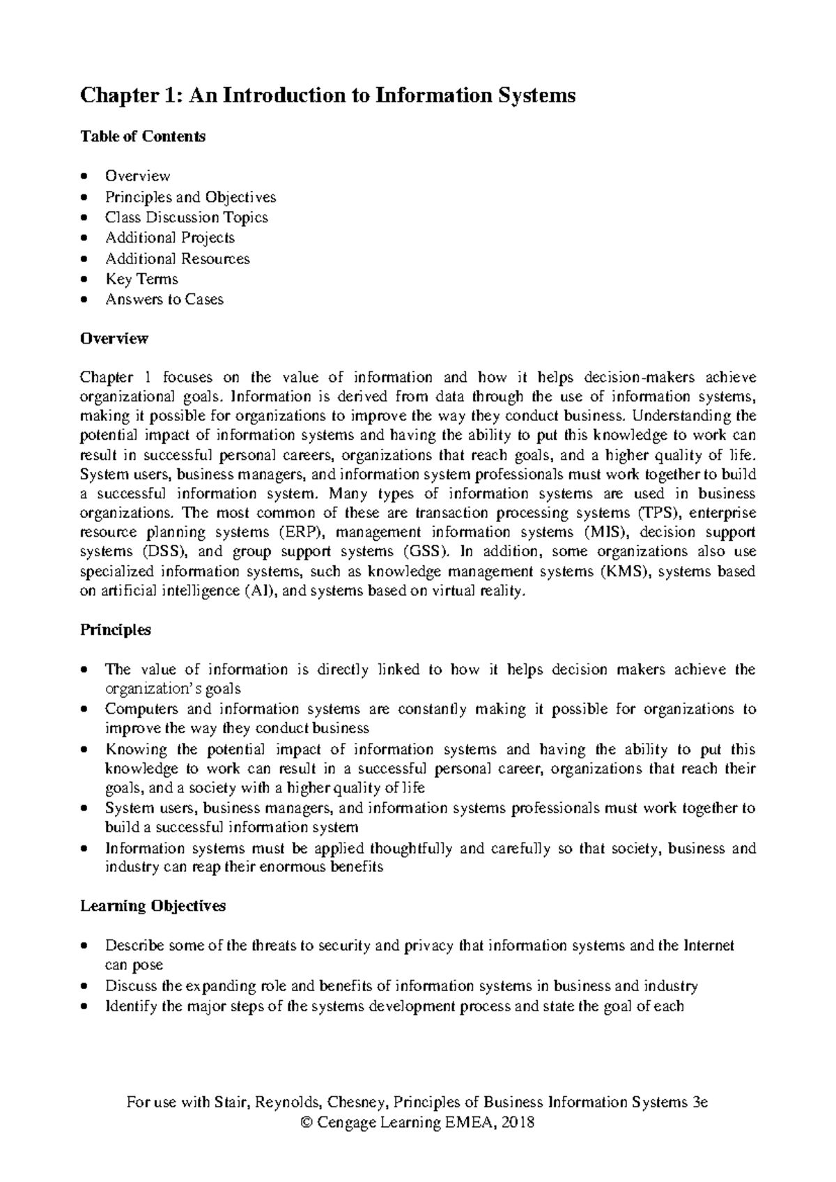 Chapter 1- BIS Summary - For use with Stair, Reynolds, Chesney ...